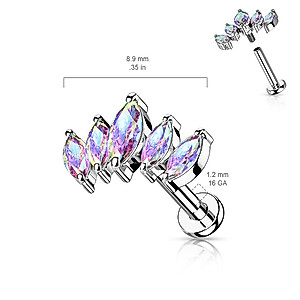 Pierced Owl 16GA 316L Stainless Steel 5 CZ Crystal Marquise Fan Internally Threaded Stud (Aurora Borealis)