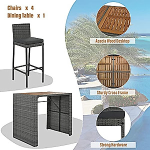 Quarte Modern 5-Piece Outdoor Patio Dining Set, Garden PE Rattan Wicker Bar Set, 4 Bar Height Chairs with Non-Slip Feet and Fixed Rope, Acacia Wood Table Top