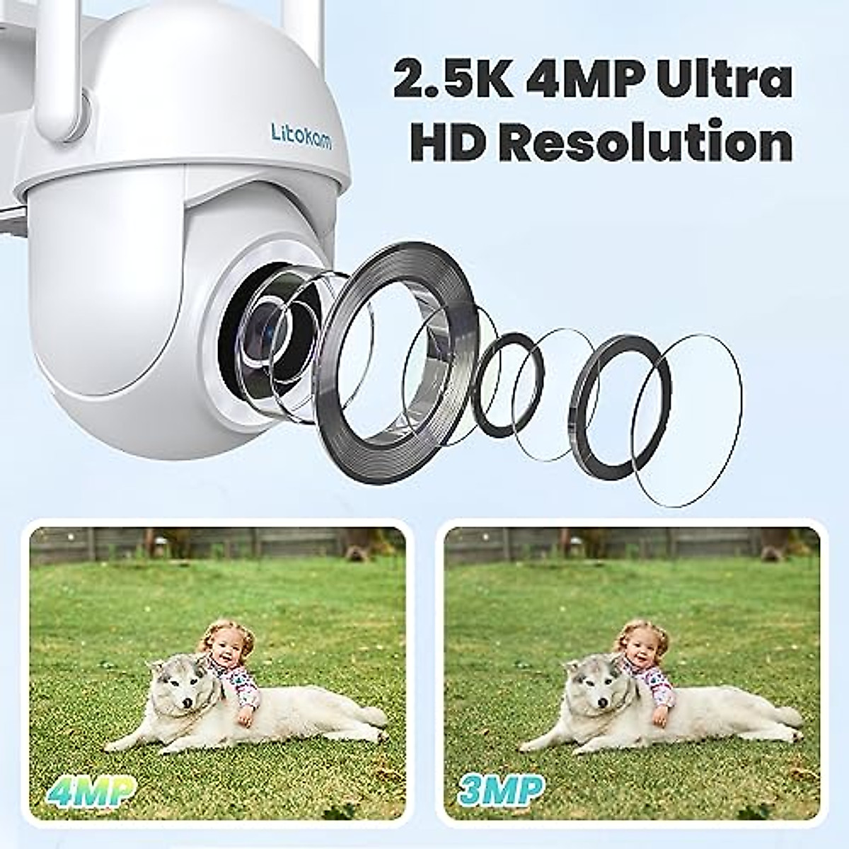 4MP Security Camera Outdoor, litokam 2.5K Cameras for Home Security Outside with 360° PTZ, Color Night Vision and Siren, Auto Tracking & AI Motion Detection, No Monthly Fee, 2-Way Talk
