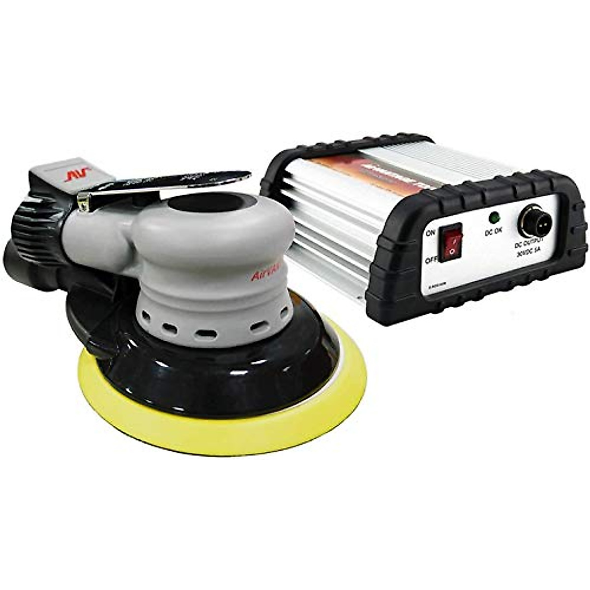 AirVANTAGE Palm-Style, Industrial-Grade Electric Sander Kit with Power Supply CENTRAL-VACUUM with Low-Profile Pad (6": 3/32- Hook & Loop)