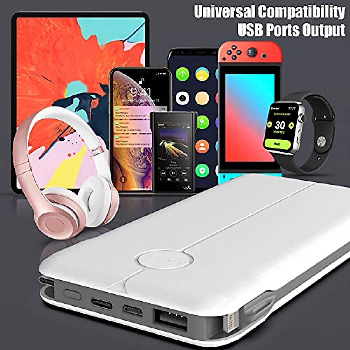 GiieeGii Portable Charger with Built in Cable, 10000mAh Power Bank with Type-C 3 Kinds Cables and USB Output Cell Phone Battery Backup Compatible with iPhone Android Smartphones
