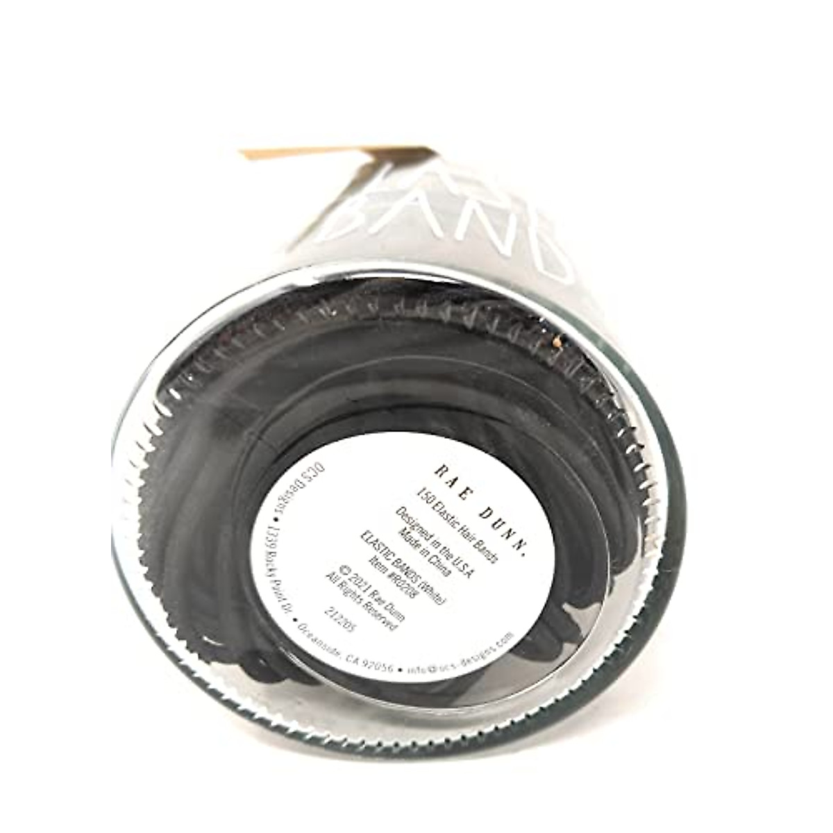 Rae Dunn by Magenta LL ELASTIC BANDS Large Jar, 150 elastic hair bands ties ponytail holders, 5.5" tall x 3.75" wide, Glass, Bathroom, Bedroom, Scrunchy, Holder, Storage, Organizer, Apothecary, Vanity