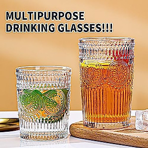 Vintage Drinking Glasses, Romantic Drinking Glasses Set of 8, 4 Highball Glasses 13 oz and 4 Rocks Glasses 9 oz, Textured Striped Drinking Glasses, Vintage Glassware Set for Juice, Beverages, Cocktail