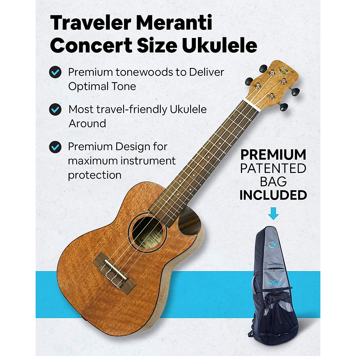 Journey Instruments Meranti Concert Travel Ukulele – UC770CE Traveling Concert-Size Ukulele – Top Best Road Trip Ukulele Musical Instruments – Travel Ukulele Case