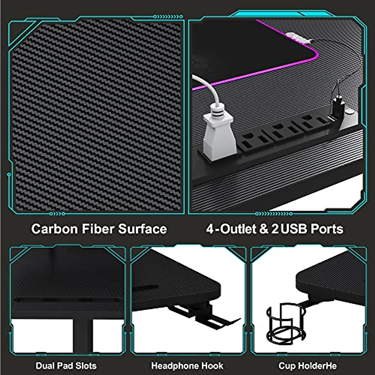 Melodyblue Gaming Desk with LED Lights, 63" Wing-Shaped Computer Desk with RGB Mouse Pad, Power Outlets, Monitor Stand, Headphone Hook, Cup Holder, Ergonomic Studio Desk, Gaming Table, Black