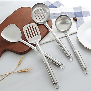 Pleafind 4-Pcs Cooking Utensils Set, Stainless Steel Kitchen Utensils, Wok Utensils Set Include Wok Ladle, Slotted Spoon, Wok Spatula and Slotted Spatula, Dishwasher Safe