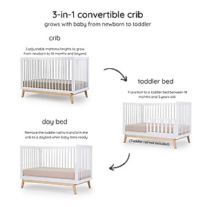 dadada Baby Soho 3-in-1 Convertible Crib – Made in Italy, GREENGUARD Gold, Adjustable Mattress Height, Solid Beechwood – Baby-Safe Finish, Modern Design 53.15 x 29.95 x 36.7 in (White + Natural)