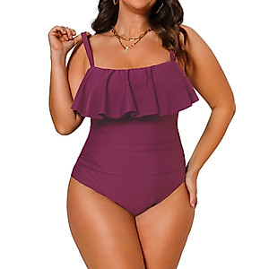 CUPSHE Women Swimsuit Plus Size One Piece Bathing Suit Flowy Ruffle Trim Ruched Front Tummy Control 1X, Purple
