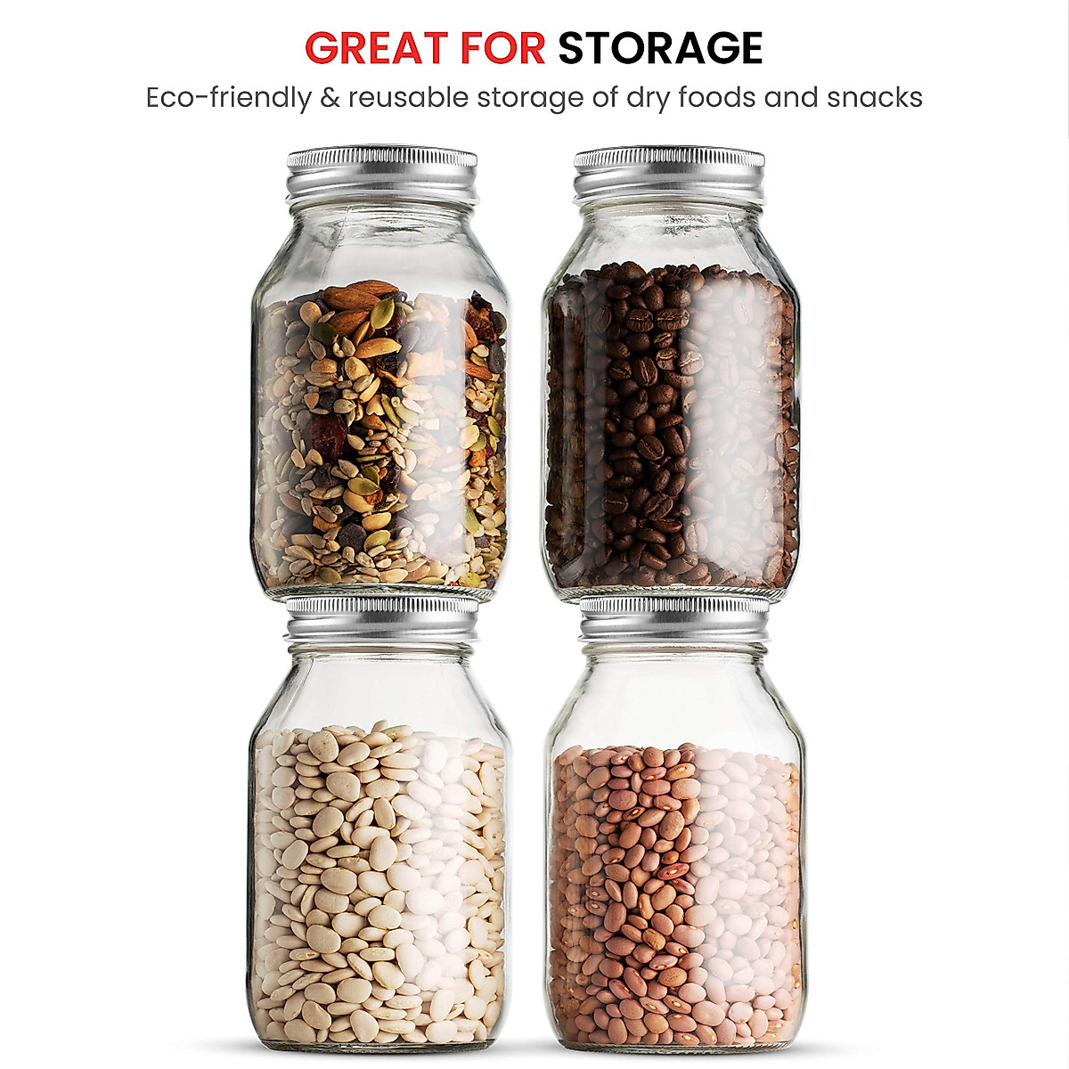 Glass Regular Mouth Mason Jars, Glass Jars with Silver Metal Airtight Lids for Meal Prep, Food Storage, Canning, Drinking, Overnight Oats, Jelly, Dry Food, Spices, Salads, Yogurt (10 Pack) (32 Ounce)