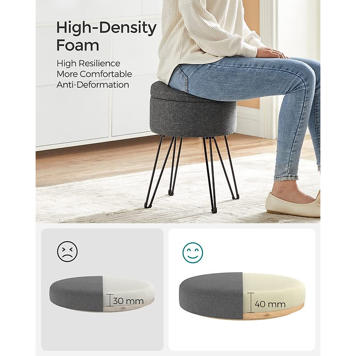 SONGMICS Vanity Stool Chair, Small Ottoman Stool with Storage, Vanity Chair, 12.2 Dia. x 16.9 Inches, 4 Metal Legs, for Makeup Room, for Living Room, Bedroom, Dark Gray ULOM002G01