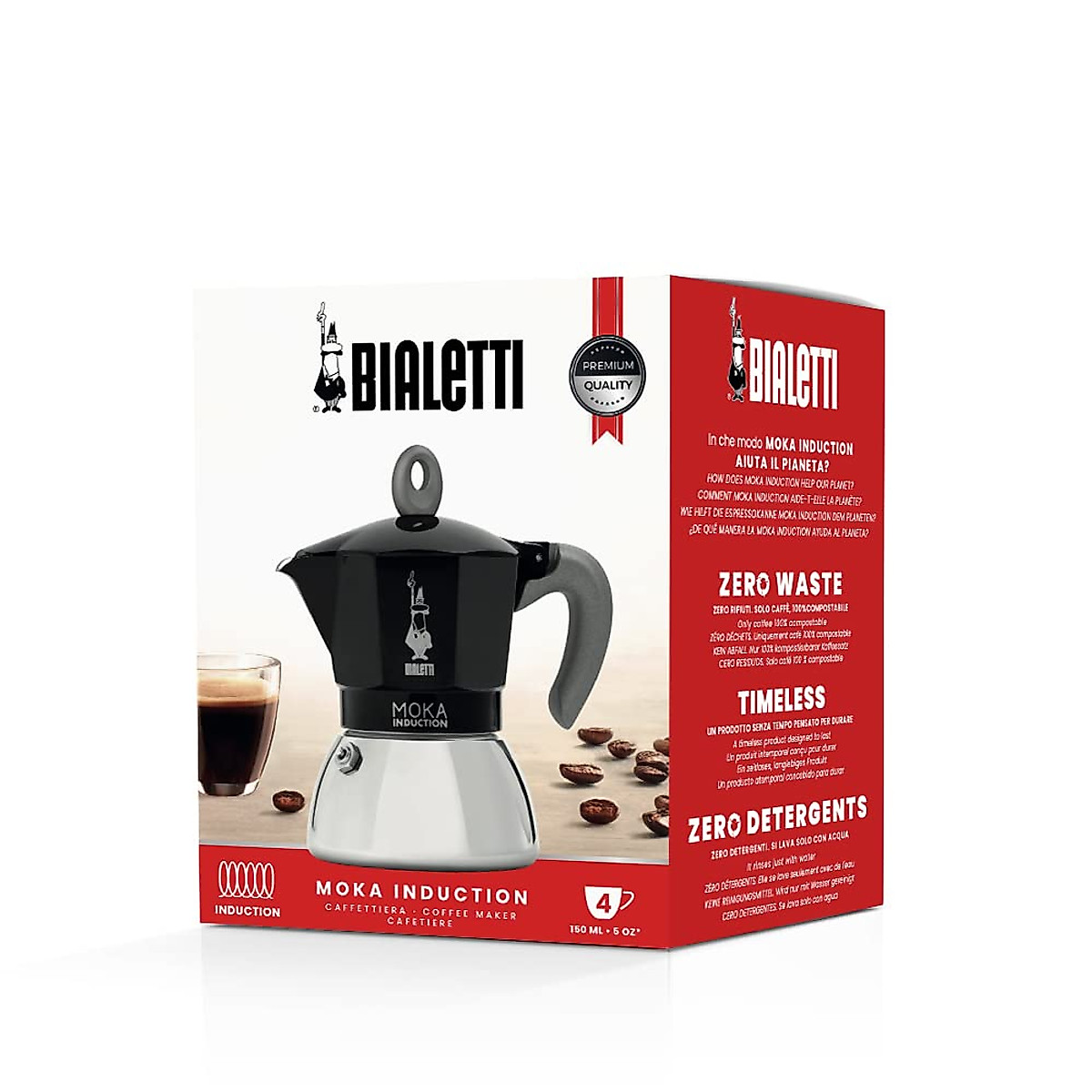 Bialetti - Moka Induction, Moka Pot, Suitable for all Types of Hobs, 4 Cups Espresso (5.7 Oz), Black