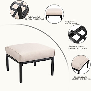 Festival Depot Patio Ottoman Metal Footstool with Thick Cushion Small Seat All Weather Outdoor Furniture for Porch Deck Garden (Beige)