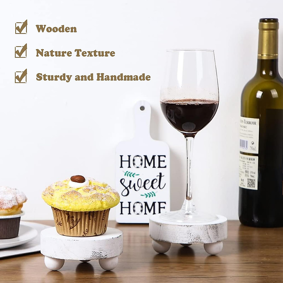 Ziluce Mini Wood Riser for Tiered Tray Decor, 2-Pack Small Wooden Risers for Display, 4-Inch Round Pedestal Stand, Distressed Farmhouse Risers for Home Decor - White