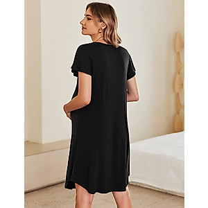 Ekouaer Nursing Nightown Labor and Delivery Gown for Hospital Pleated Breastfeeding Dress for Women Short Sleeve Maternity Sleepwear Black M