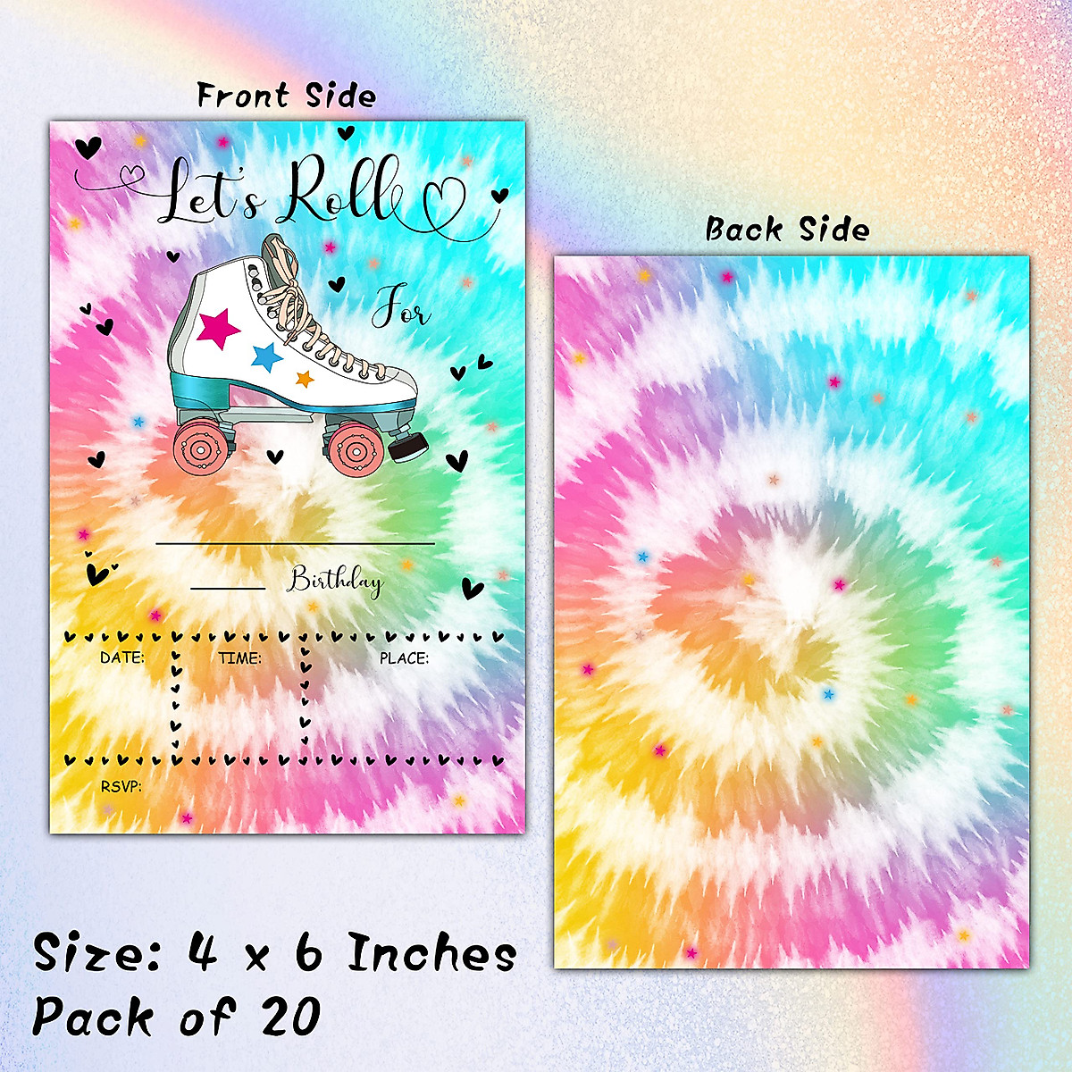 Skating Birthday Invitations with Envelopes - Roller Skate Party Invitation Card for Kids - Tye Dye Fill-in Invites Cards - Let's Roll Party Celebration(20 Pack) -08