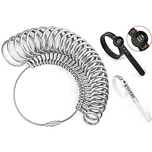 Bflaae Ring Sizer Measuring Tool Kit, 27 PCS Stainless Steel Measuring Ring Tool, US Ring Size 0-13 with Half Size, 2 PCS Reusable Finger Size Tape with Magnified Glass 1-17 USA Rings Size