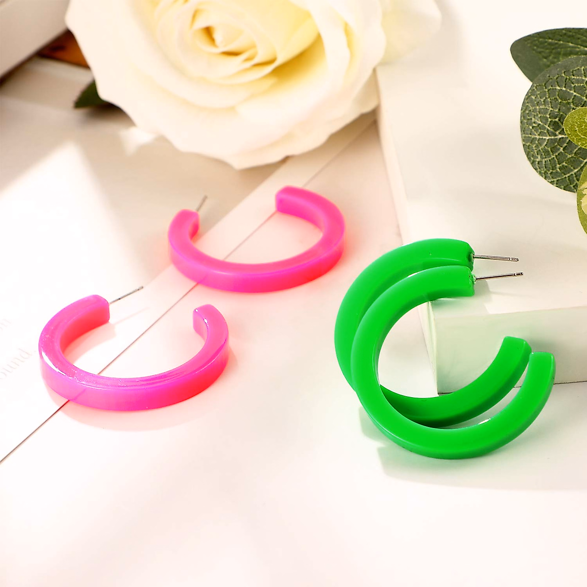 Skylety 4 Pairs 80s Neon Earrings for Women 90s Retro Hoop Drop Dangle Earrings for 80's Party Cosplay Costume Accessories(Half Hoop Style)