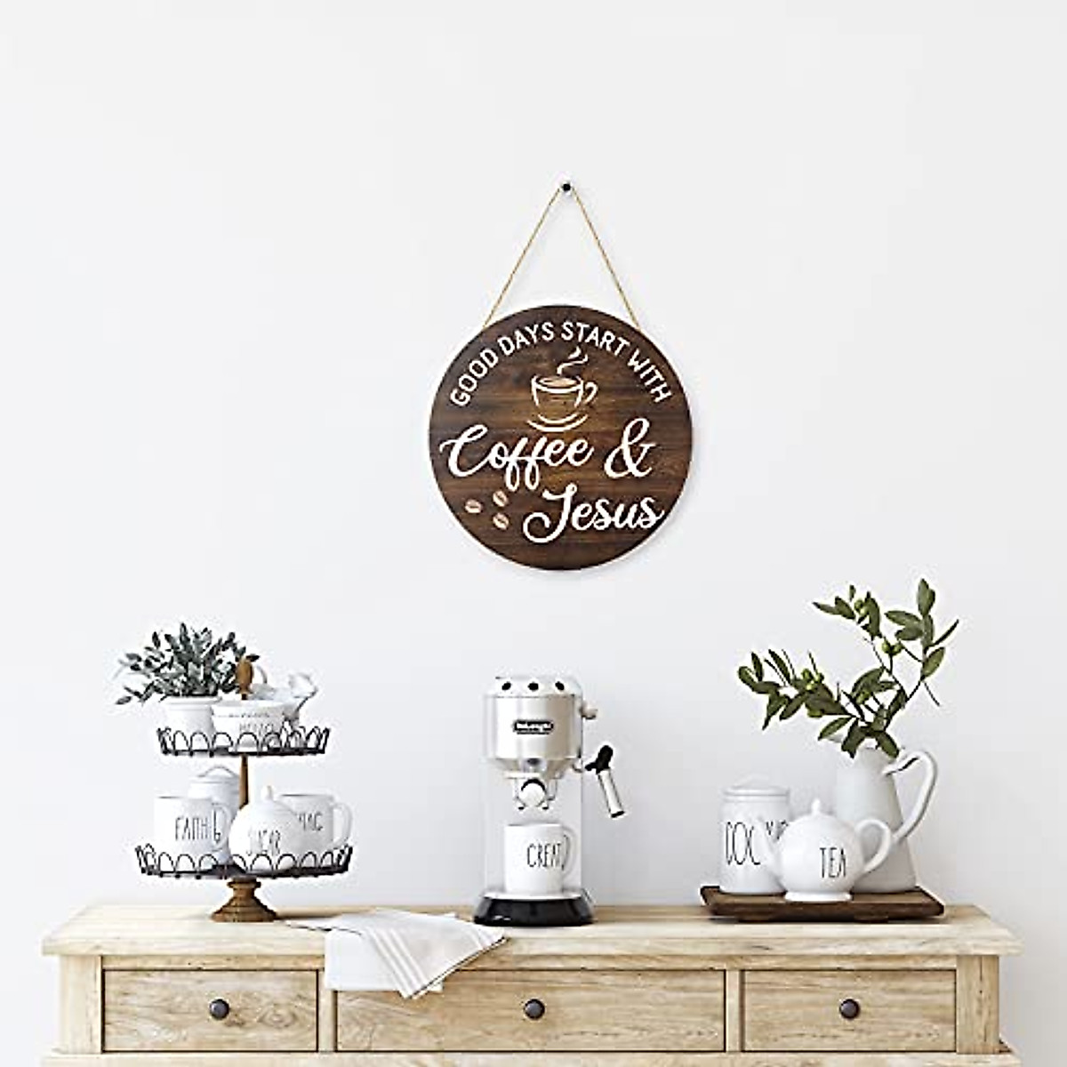 Coffee Bar Sign Coffee Decor Coffee Wooden Sign Hanging Coffee Decor Coffee Sign Plaque for Farmhouse coffee bar Kitchen Accessories Coffee Lover (Rustic Good Days Start with Coffee & Jesus)
