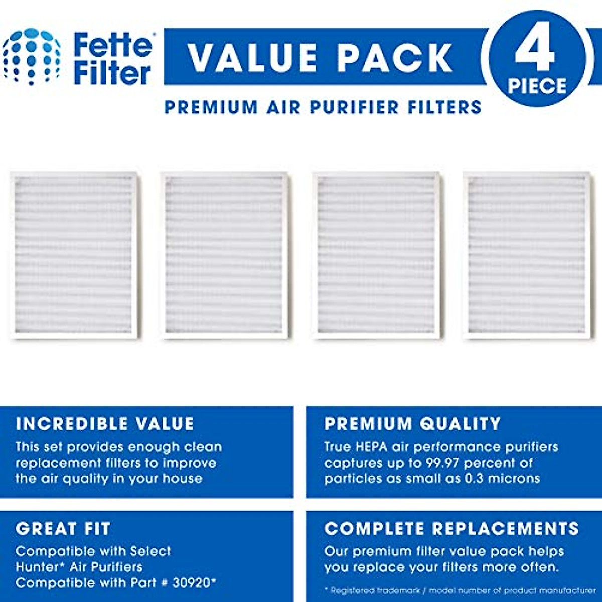 Fette Filter - Replacement HEPAtech Filters Compatible with Hunter 30920 30050 30055 30065 37065 30075 30080 30177 30070 30905 30054 30062 30832 30868 30882 30883 37055 30071- Pack of 4