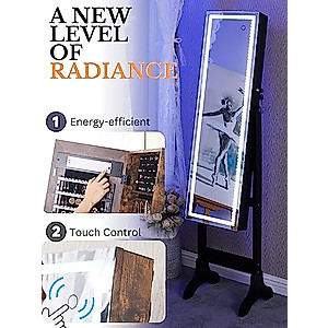 YOKUKINA Mirror Jewelry Cabinet with Lights, Full Length Mirror with Storage Organizer, Lockable Jewelry Armoire Makeup Mirror, Freestanding/Wall Mount/Over the Door, Rustic Brown