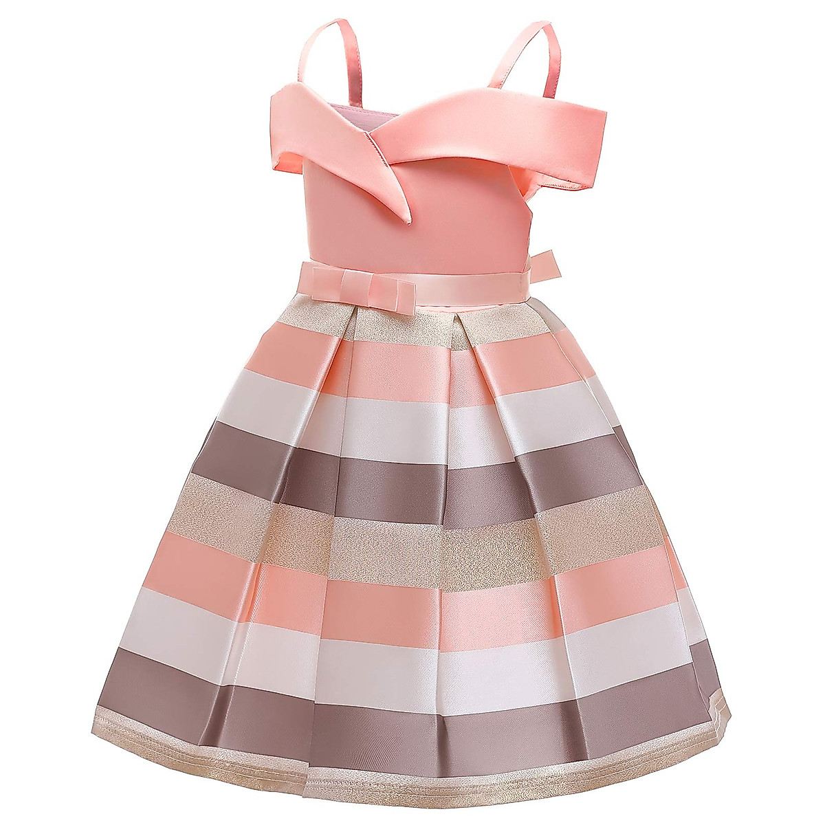 NSSMWTTC Girls Off Shoulder Dress Kids Christmas Sunday Halloween Baptism Christening Striped Dresses (Pink,140)