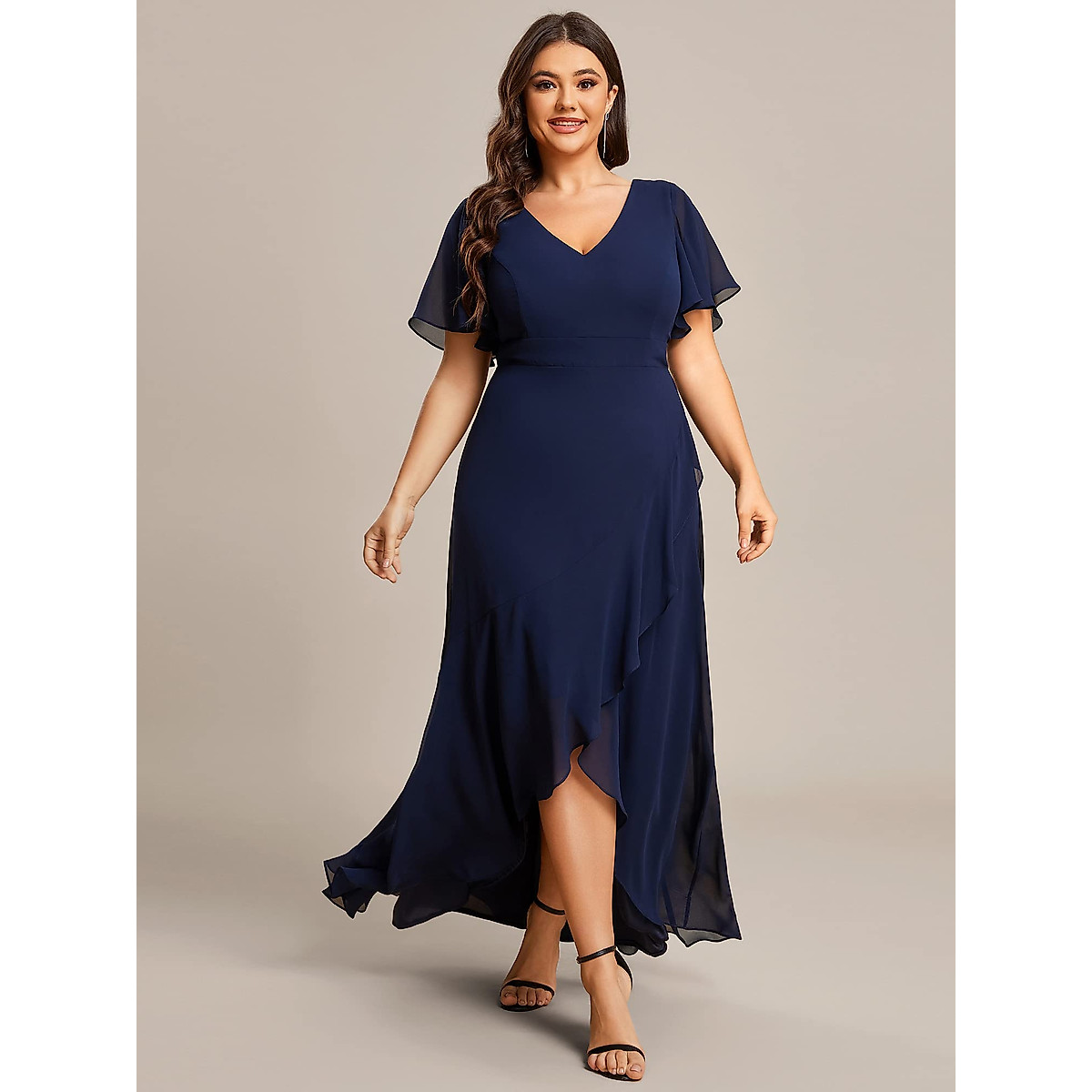 Ever-Pretty Plus Women's V Neck Ruffle Hem Short Sleeves A-line Plus Size Wedding Guest Dress Navy Blue US20