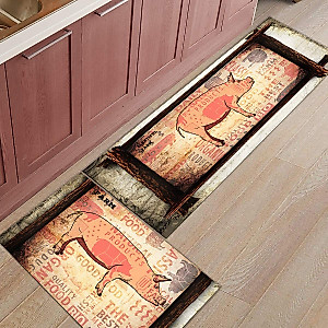 Midetoy 2 Piece Kitchen Rug Set Non Slip Cushioned Floor Mat Vintage Pig Kitchen Rugs Washable Doormat 17.7"X59"+17.7"X29"