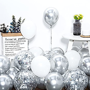 60 PCS White Silver Confetti Latex Balloons, 12 inch Silver Metallic Balloon with White Latex Balloons for Wedding Birthday Baby Shower Decorations