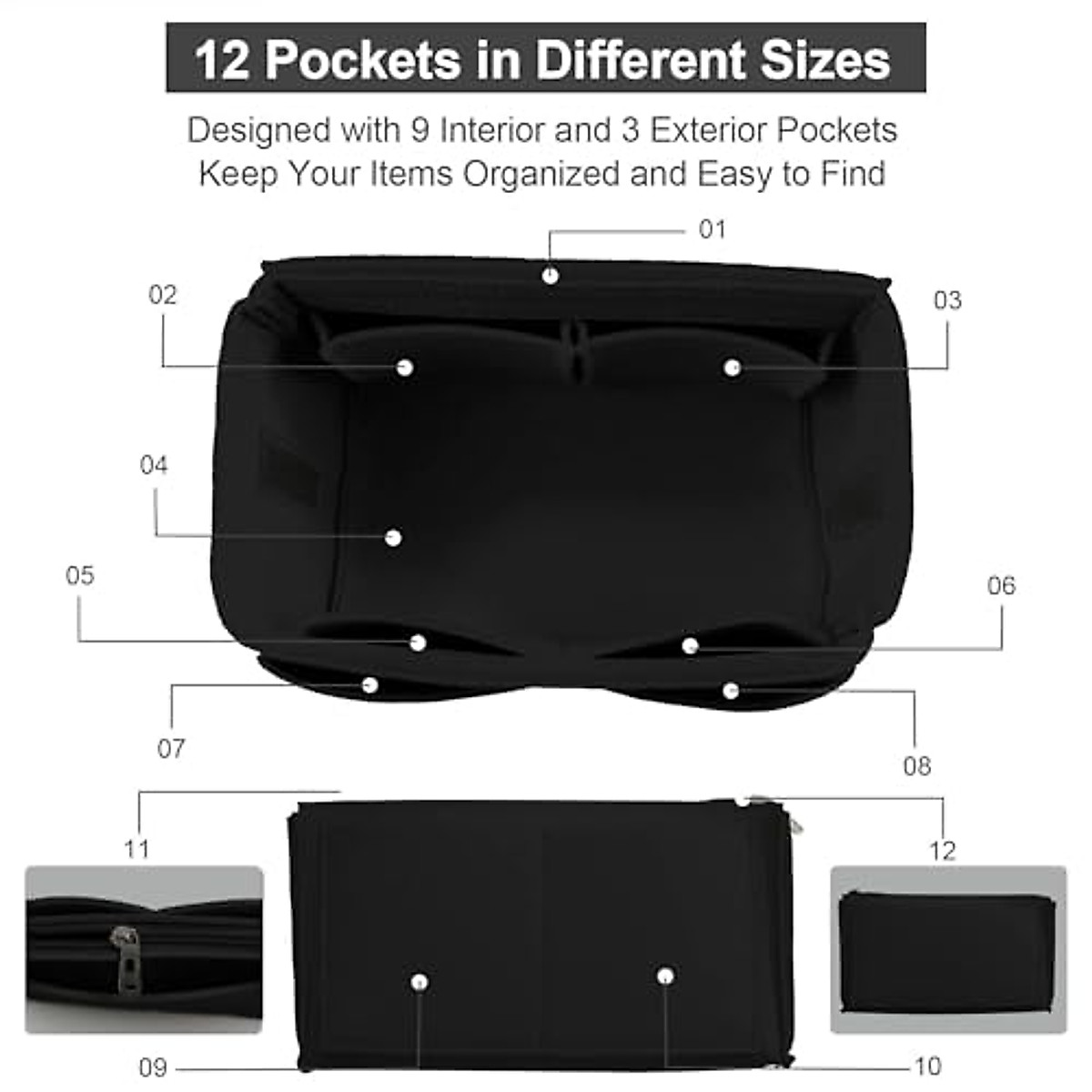 OMYSTYLE Black Large Purse Organizer Insert for Handbags, Felt Bag Organizer for Tote & Purse, Tote Bag Organizer Insert with 5 Sizes, Compatible with Neverful Speedy and More（11.4"×5.9"×6.9"