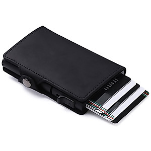 TNE Airtag Wallet (Airtag not Included) Genuine Leather Credit Card Money Holder Automatic Pop Up Mini Aluminum Wallet with Zipper Coin Pocket | Airtag Case Men or Women Air Tag Cover (Black)