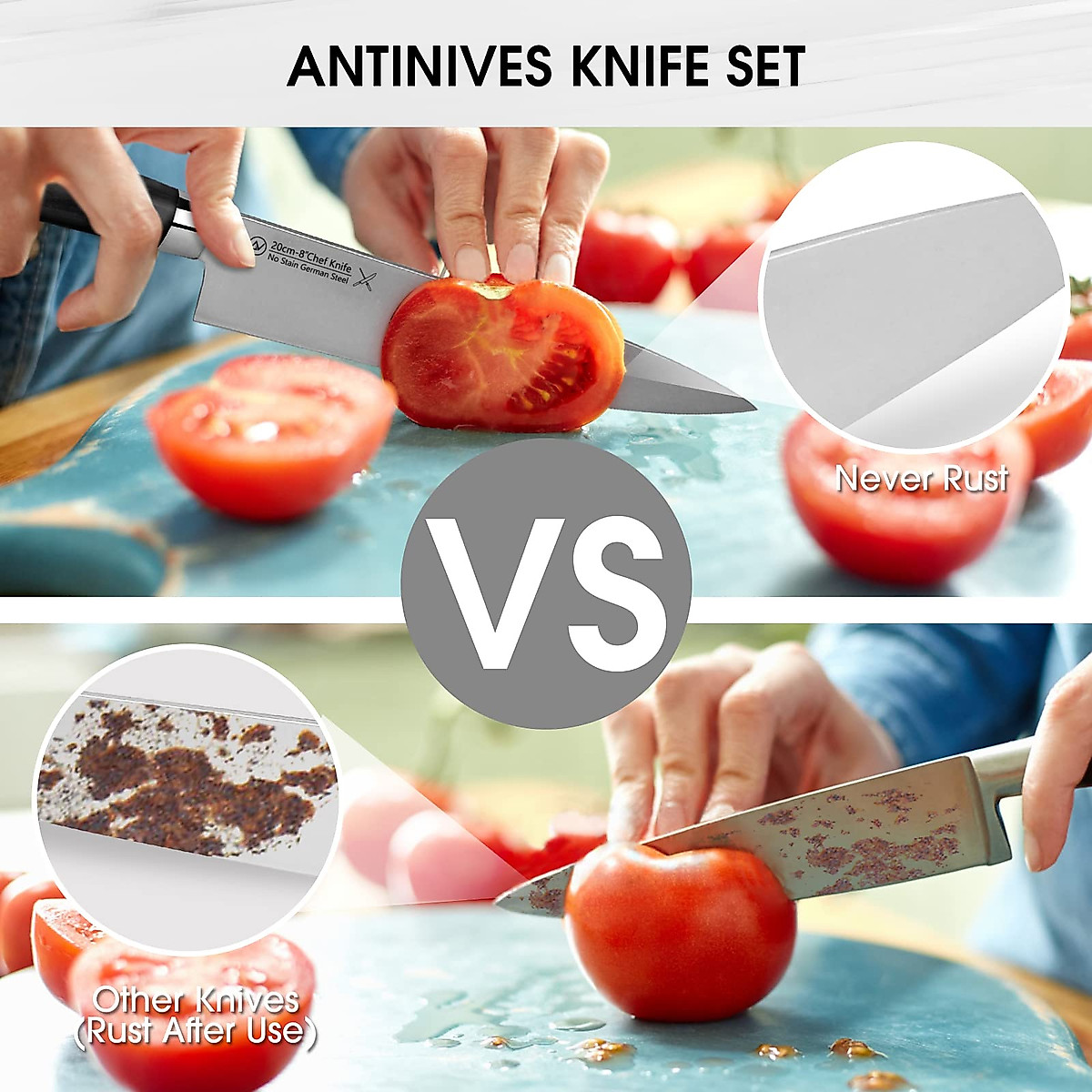 Knife Set, 18 Pcs Kitchen Knives Set with Block, Sharp German Stainless Steel Knife Block Set, Professional Chef Knives Set for Kitchen with Serrated Steak Knives Set, Sharpener & Finger Guard, Black