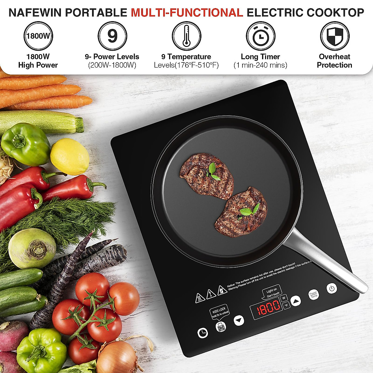 Electric Cooktop Single Burner, 1800W Electric Stove Top Portable, Electric Hot Plate 110v Plug in Countertop,Child Safety Lock,Timer,9 Power Level, Compatible for All Cookware, Induction Cookotp