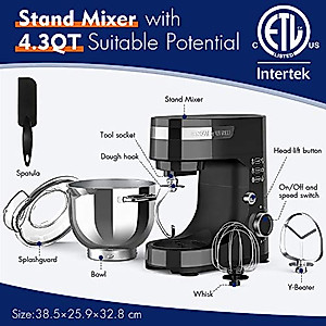 Stand Mixer, whall 12-Speed Tilt-Head Kitchen Mixer,for Baking Bread,Cakes,Cookie,Pizza,Salad, Electric Food Mixer with Dough Hook/Wire Whip/Beater, Stainless Steel Bowl, (black)