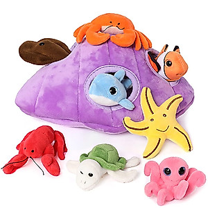 Muiteiur Plush Soft Ocean Animals Set with Plush Sea Shell House Includes Stuffed Turtle, Lobster, Crab, Dolphin, Devil Fish, Octopus, Starfish, Clownfish (Multicolor,8 Piece)