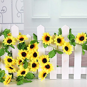 Yaoijin 2 Pack 16.4 Feet Artificial Fake Sunflower Garland Plants in Yellow(Each 8.2' Long with 12 Vine) for Hanging Wedding Garland Fake Foliage Flowers Home Kitchen Garden Office Wedding Wall Decor