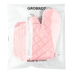 GROBRO7 6Pcs Cotton Oven Mitts and Pot Holders Set Heat Resistant Hot Pads Durable Pocket Pot Holder Machine Washable BBQ Gloves with Hanging Loop for Safe Kitchen Baking Cooking Grilling Pink