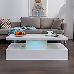 TABU Modern Led Coffee Table, High Gloosy Coffee Table with 12 Colors Lights, Rectangle Smart Table, Living Room Center/End Table with Lights, Living Room Table Furniture (White)