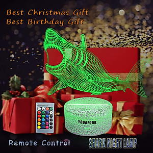 YODAFOOR Shark Night Light, 3D Illusion Megalodon Night Lamp for Kids, 16 Color Changing with Dimmable Remote Control, Toy Shark Birthday Christmas Gifts for Girls Boys, Bedroom Shark Theme Decor