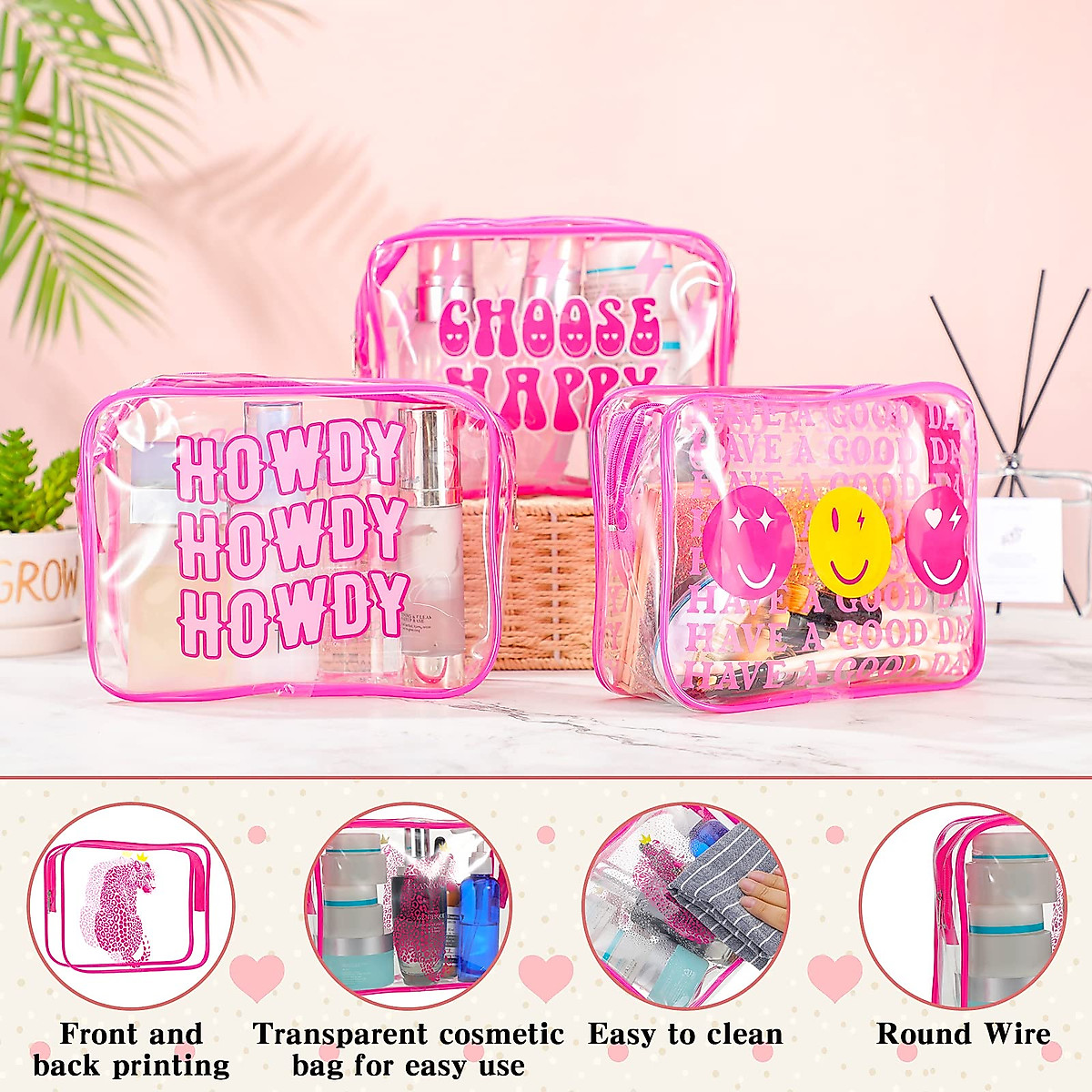 Cunno 6 Pcs Makeup Bags Gifts for Women Preppy Boho Smile Face Flamingo Clear Makeup Bags Cosmetic Transparent PVC Travel Toiletry Organizer(Preppy Style)