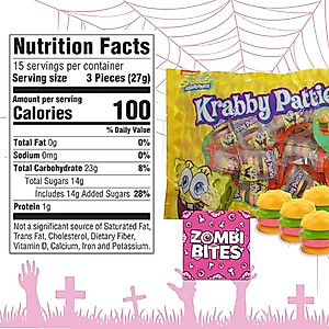 Burger Gummy Bundle. Includes One-5.08 Oz Bag of Spongebob SquarePants Krabby Patty Gummies Plus a Zombibites Fridge Magnet. Krabby Patty Gummies are Fat Free Gummy Candies!