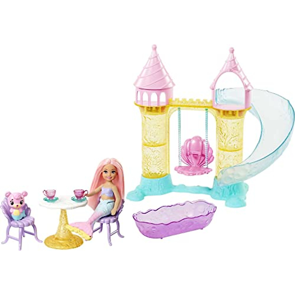 Barbie Dreamtopia Mermaid Playground Playset, with Chelsea Mermaid Doll, Merbear Friend Figure and Sand Castle Set with Swing, Slide, Pool and Tea Party, Gift for 3 to 7 Year Olds