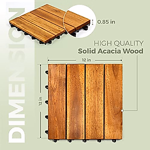 Interlocking Acacia Hardwood Deck Tile (Pack of 10, 12"x12") - Patio Tile With Solid Wooden Oiled Finish, Waterproof All Weather (12x12x0.85 Inch, 4 Slat on Each)