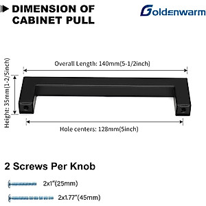 Goldenwarm 30 Pack Black Square Bar Cabinet Pull Drawer Handle Stainless Steel Modern Kitchen Hardware Cabinets Cupboard, Center to Center 5in(128mm）