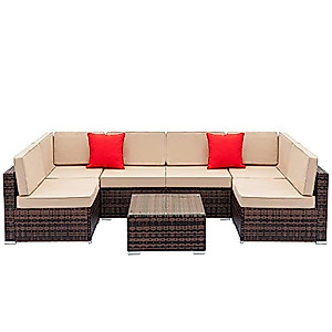 7 Pieces Patio Furniture Sets All-Weather Outdoor Sectional Sofa Manual Weaving Wicker Rattan Patio Conversation Set with Cushion and Glass Table (Beige)