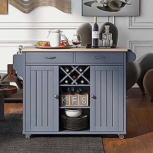 FEELLE Kitchen Island Cart Rolling Mobile Kitchen Island Cart with 2 Storage Cabinets and 4 Locking Wheels, Wine Racks, Drawers, Spice & Towel Rack for Dining Room, Blue