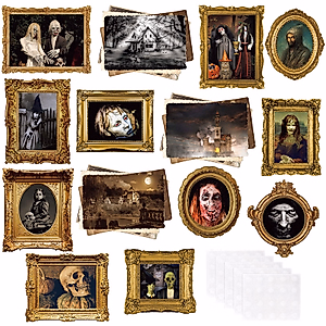 Ioffersuper 14Pcs Haunted Pictures Gothic Mansion Portraits Horror Pictures Frame 3D Face Expression Scary Picture for Haunted House Home Halloween Party Decor, with 100Pcs Self Adhesive Dots