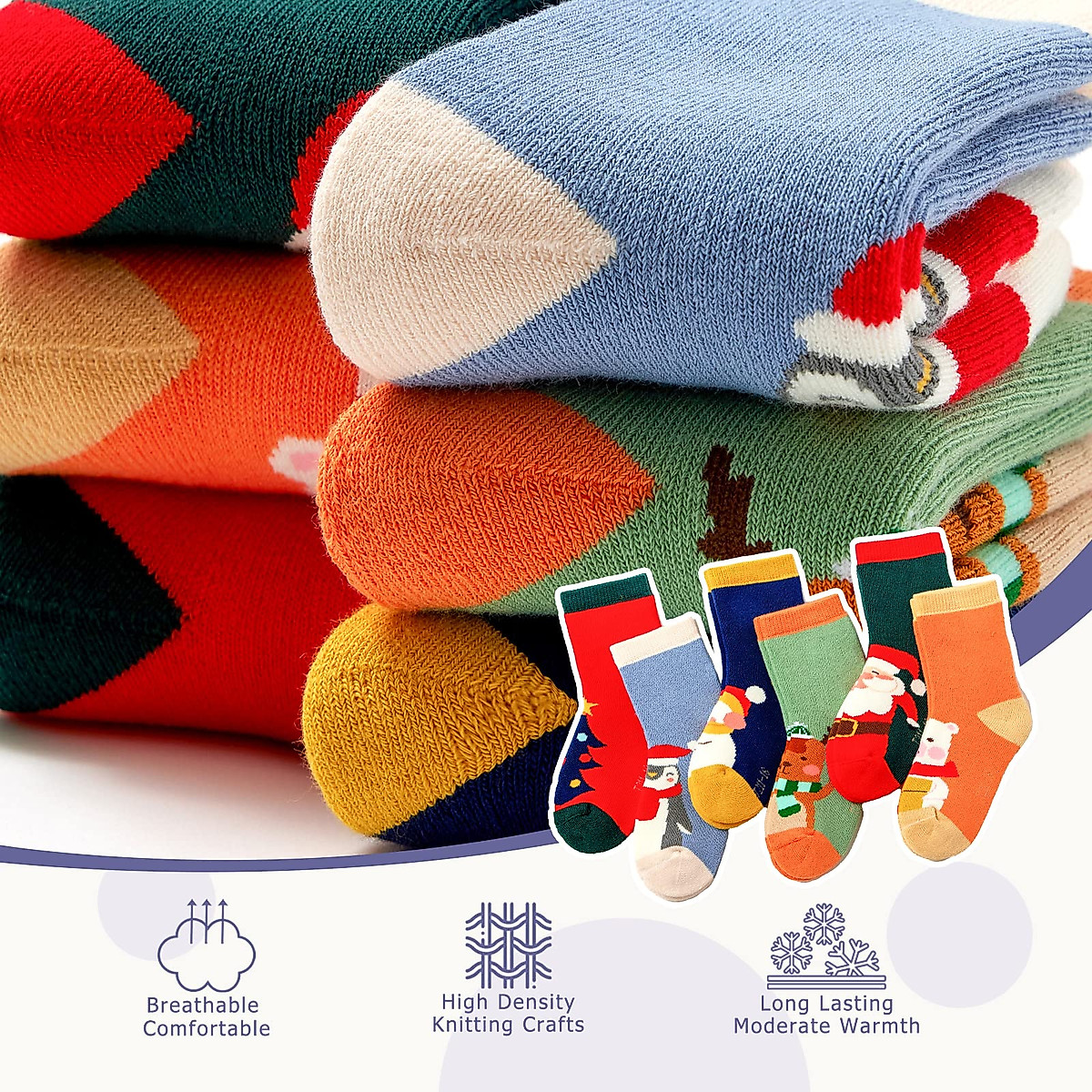 Qterdiz Toddler Boys Winter Socks Kids Warm Socks Thick Cartoon Thermal Crew Socks for Boys Christmas 6 Pack 4-6 Years