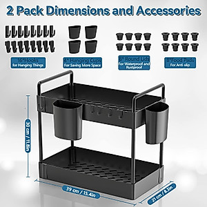 2 Pack Under Sink Organizer, Warmodern 2 Tier Bathroom Organizer Under Sink, Kitchen Cabinet Organizers and Storage Baskets with 16Hooks and 4 Hanging Cups, Multifunction Bathroom Under Sink Organizer