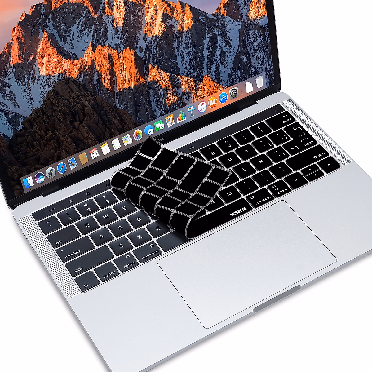 XSKN Spanish Language Silicone Keyboard Skin Cover for New MacBook Pro 13 (A2159 A1989 A1706) & for MacBook Pro 15 (A1990 A1707) Plus Touch Bar Sticker US EU Universal Layout (Black)