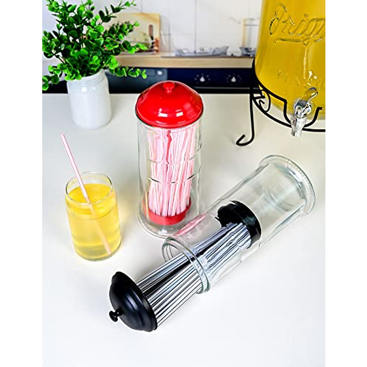 Straw Dispenser with Stainless Steel Lid | Glass Straw Holder for Counter with Lid | Drinking Straw Dispensers | Straw Container | Holds Straws up to 8.5 Inches, Black